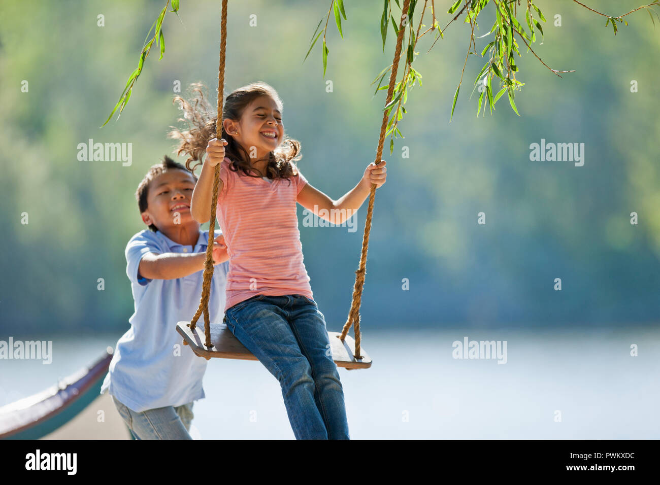 Happy young boy pushing a young girl on a tree swing Stock Photo - Alamy