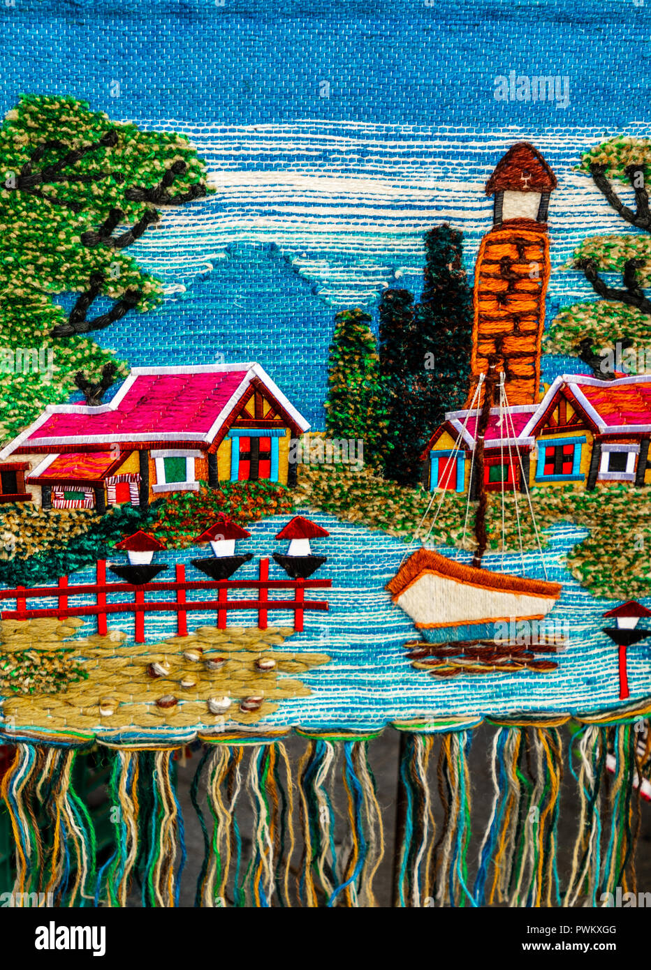 Greek Countryside Needlepoint, Sailboat & Lighthouse Design Stock Photo ...