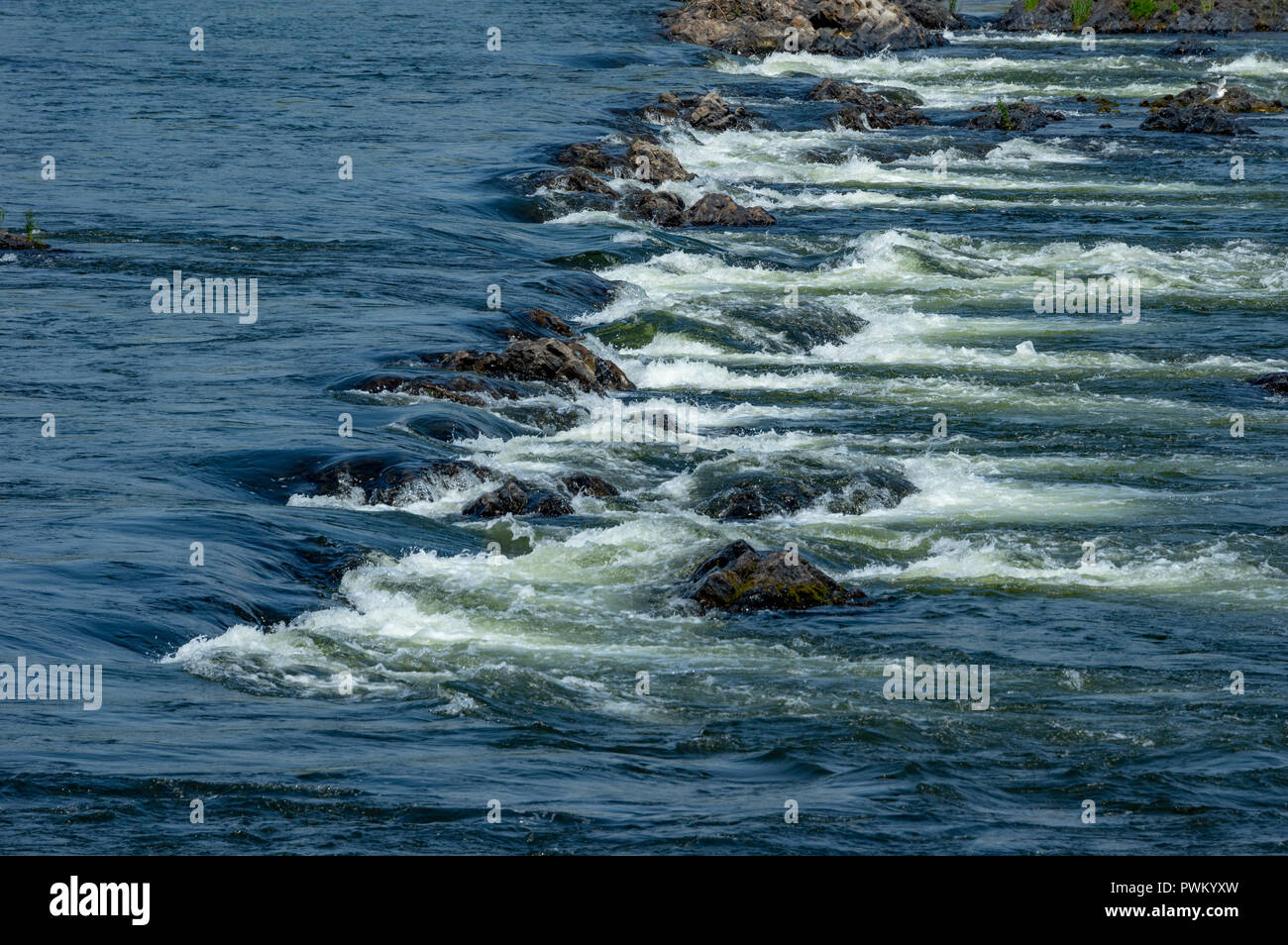 The beauty of water flowing over and around the rocks in a river Stock ...