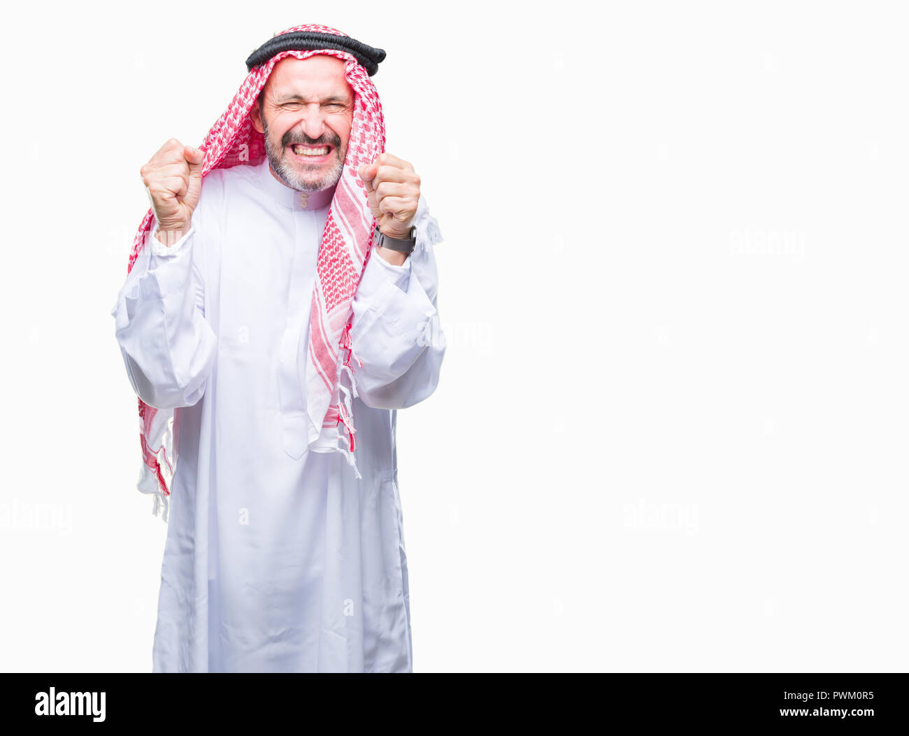 Senior arab man wearing keffiyeh over isolated background excited for ...