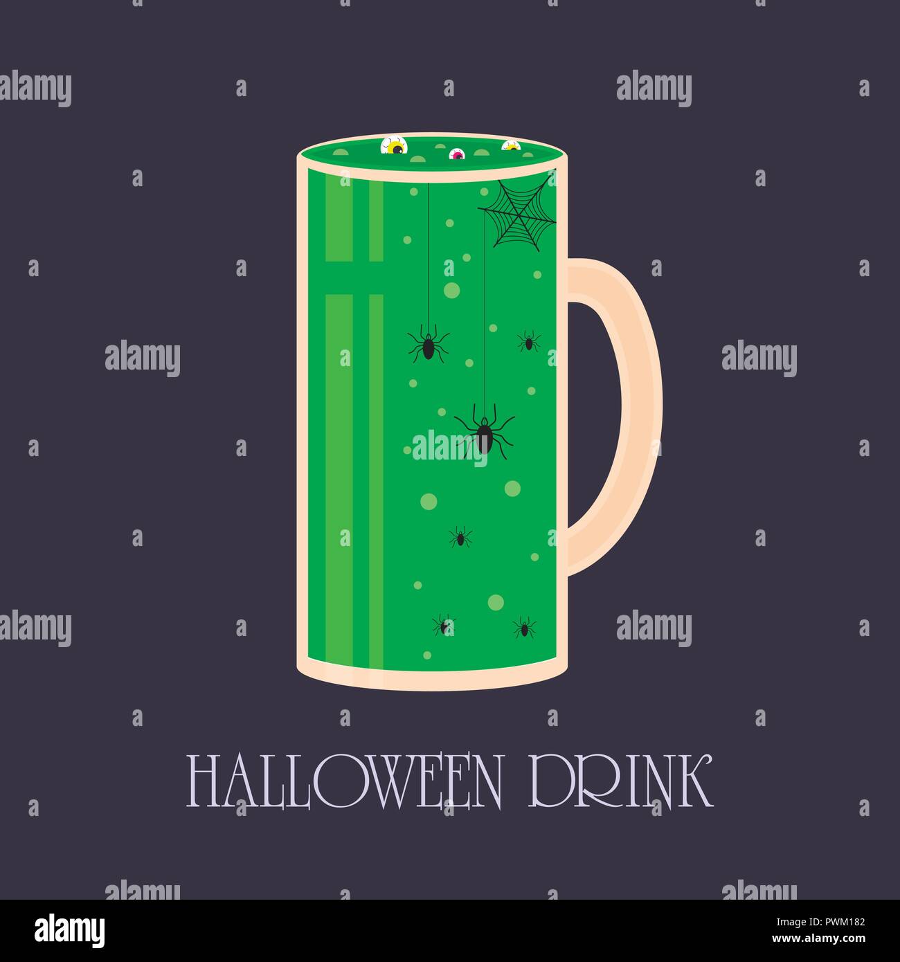 Set of Halloween cocktail icons, spooky drinks with eyeballs, spider ...