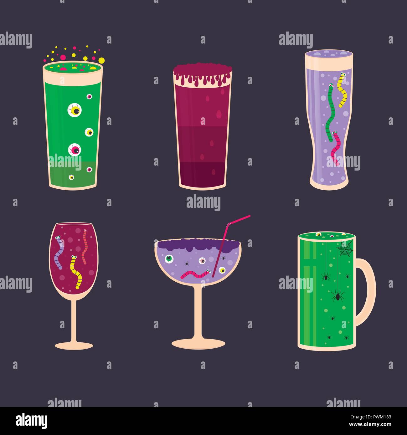 Set of Halloween cocktail icons, spooky drinks with eyeballs, spider ...