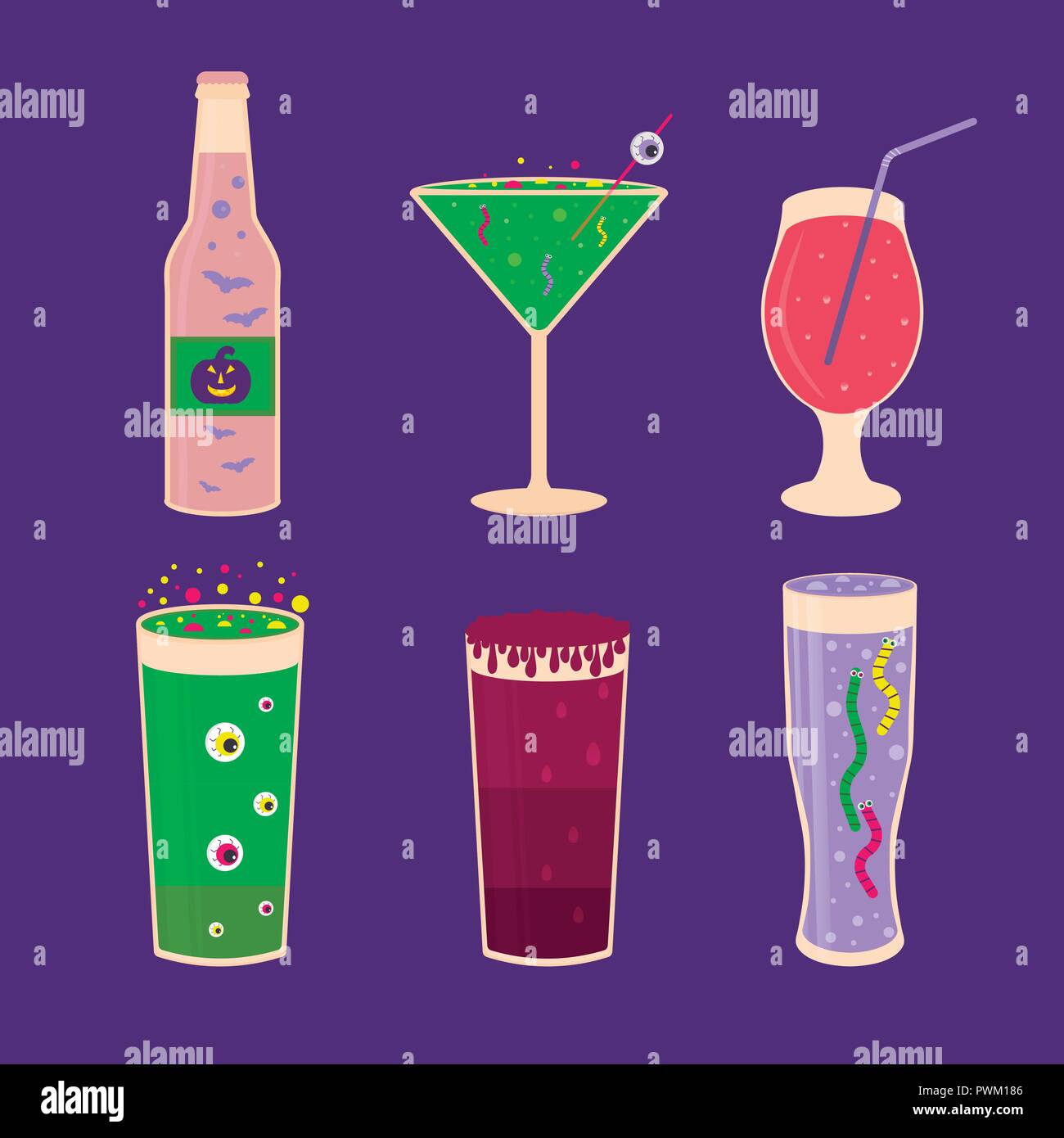 Set of Halloween cocktail icons, spooky drinks with eyeballs, spider ...