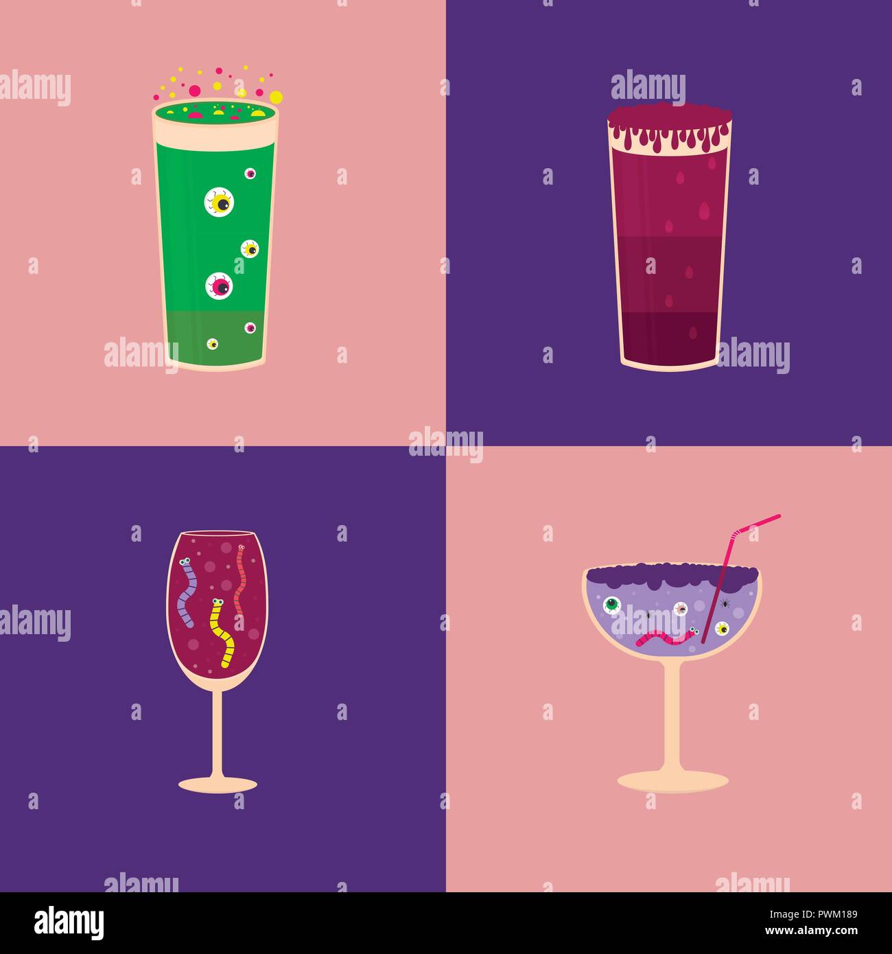 Set of Halloween cocktail icons, spooky drinks with eyeballs, spider ...