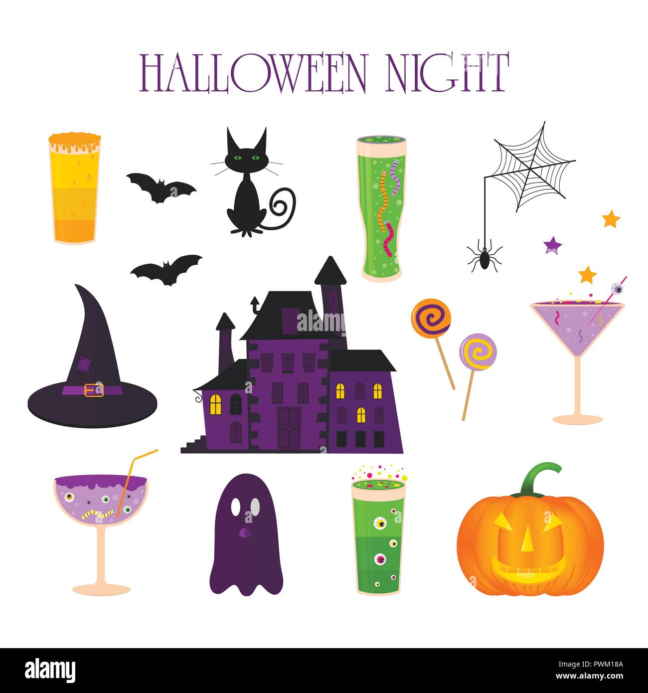 Set of cute vector Halloween icons of pumpkin, castle, cat, ghost ...