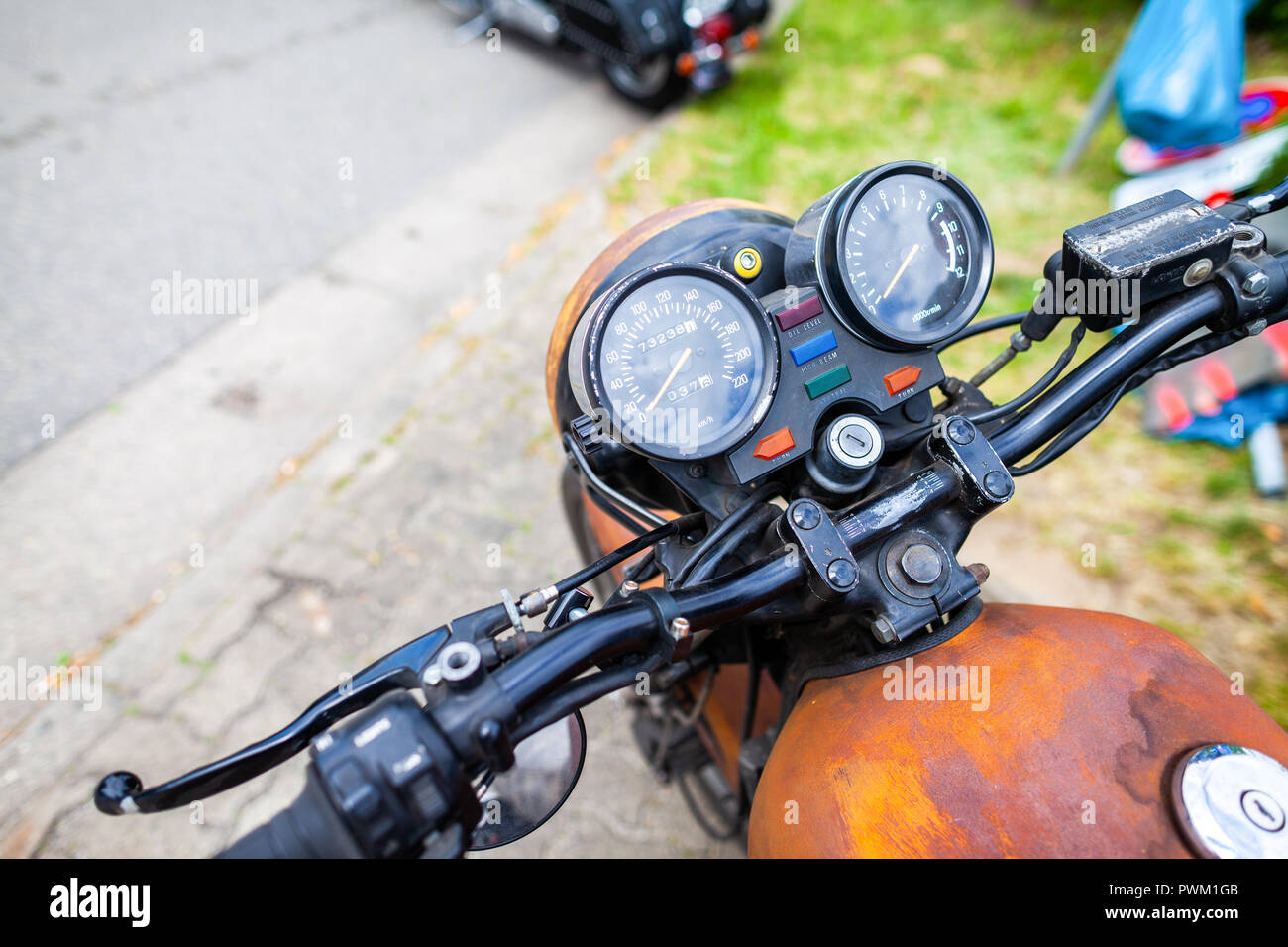 Classic handlebar on an old motorbike at street Stock Photo - Alamy