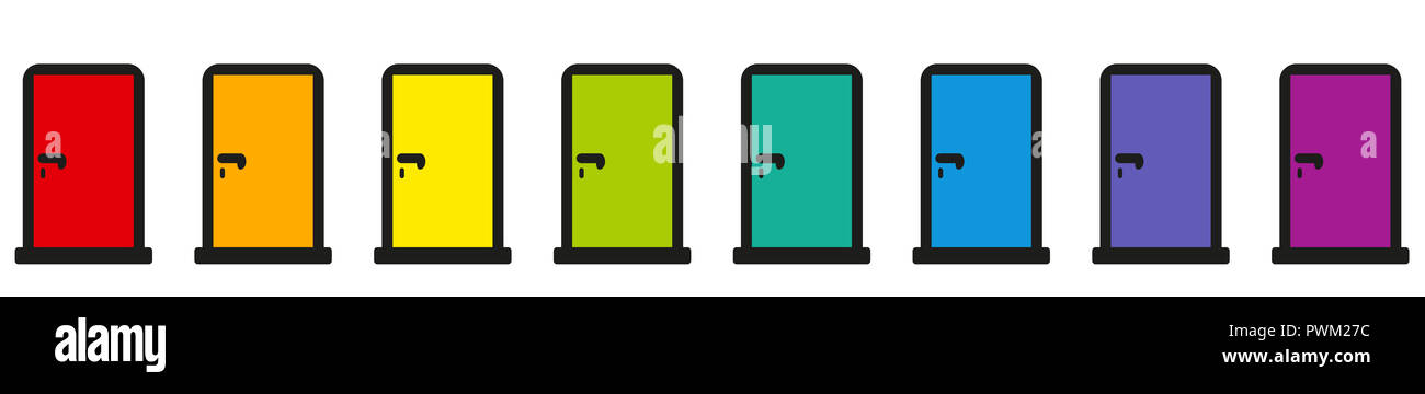 Door icons. Rainbow colored pictogram collection of eight colorful ...
