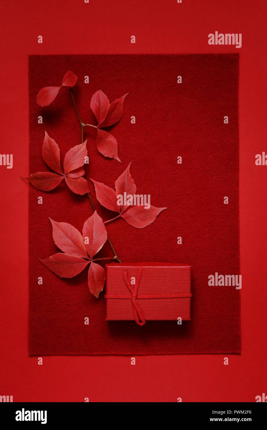 Red gift box on a red background. Romantic gift for Valentine's day ...