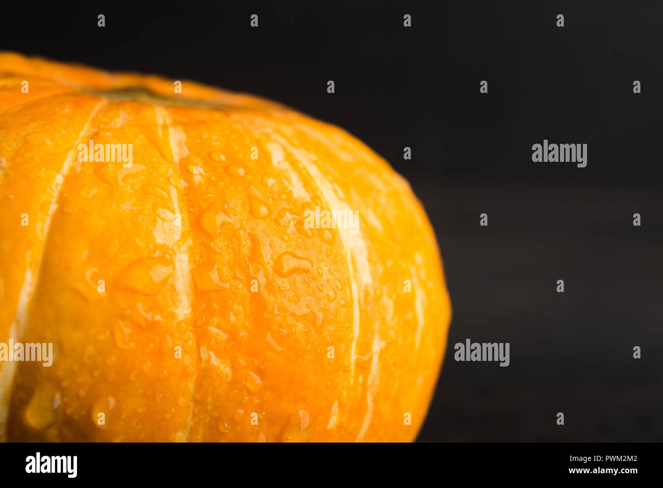 Whole orange pumpkin with rain drops and wet leaf on dark background ...