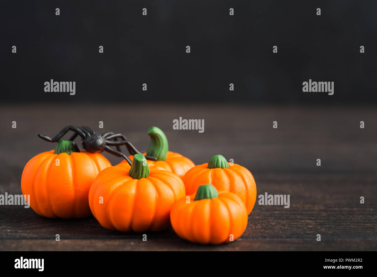 Halloween decoration with pumpkins and spider on wooden background with ...