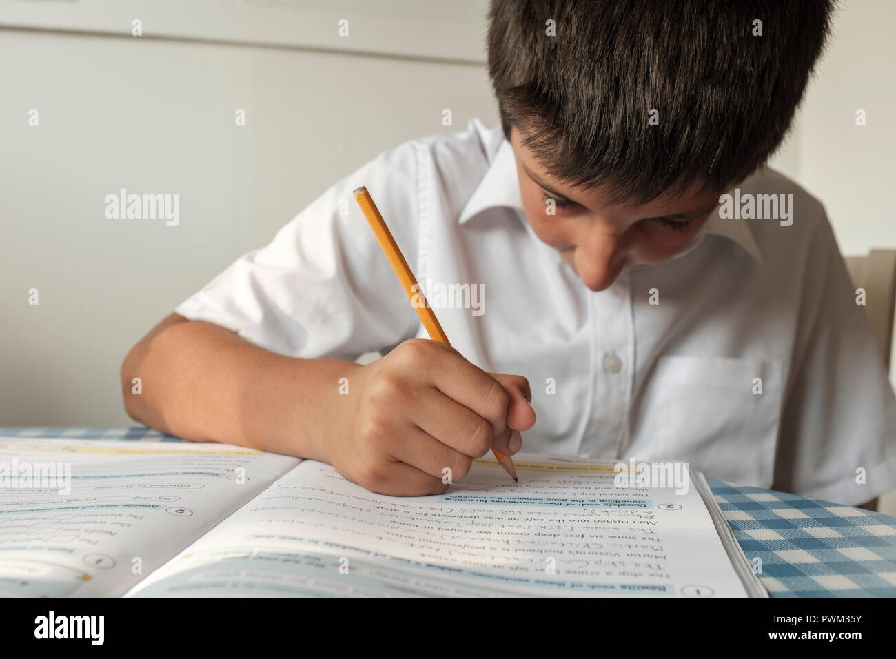UK,London- 11 yeasr old school boy revisng for english exams Stock ...