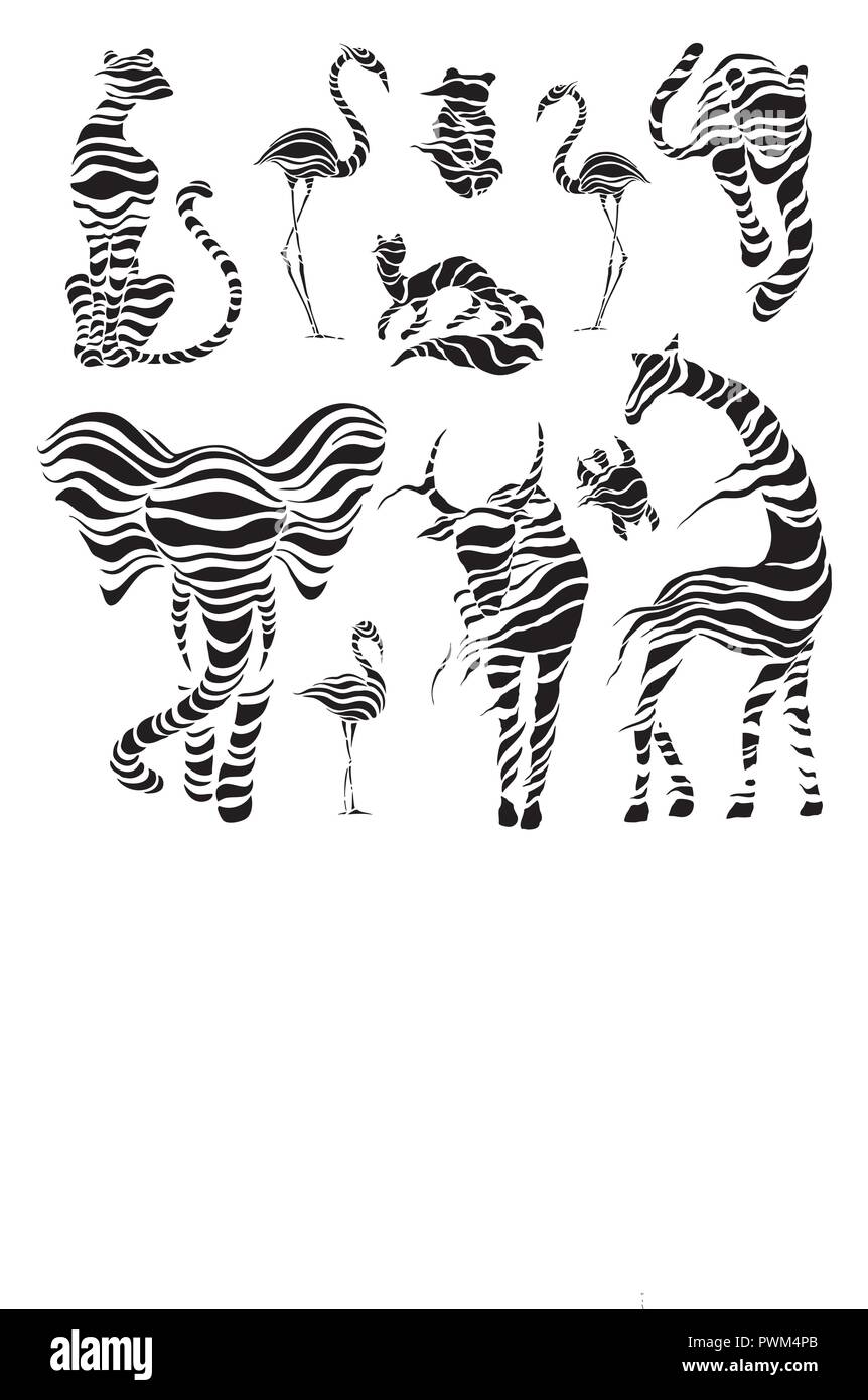Wild animals. Stylized wild animals. Tiger, Bison bull flamingo Stock ...