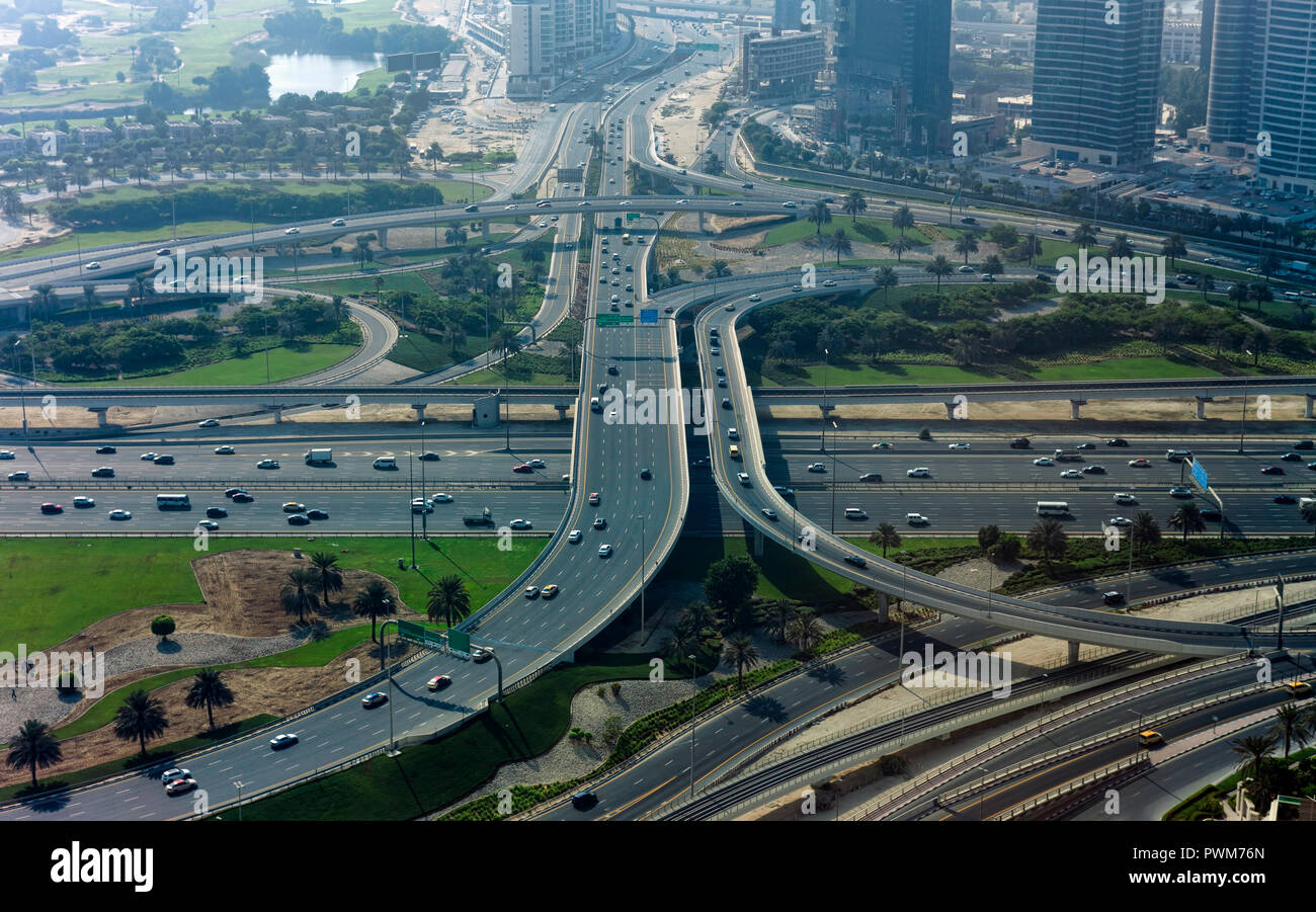 intersection of roads in Dubai city, United Arab Emirates. aerial view ...