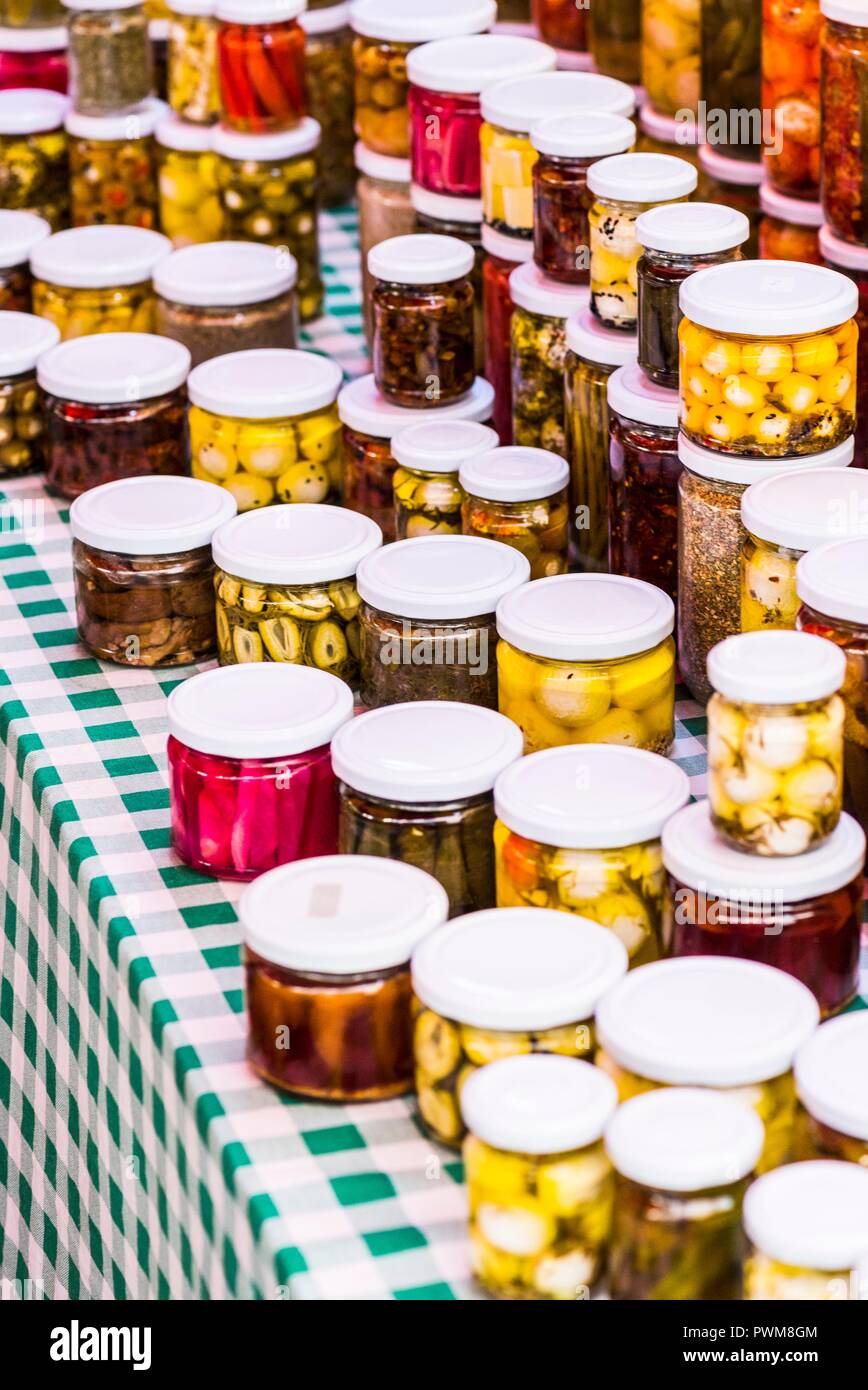 Pickle vegetables in glass jars on a market stand in Beirut, Lebanon ...