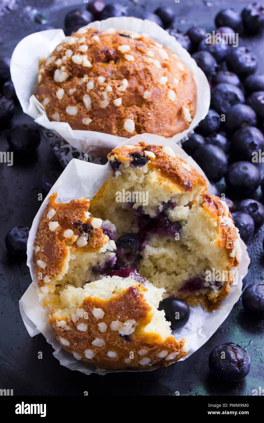 Blueberry muffins in muffin cases with fresh blueberries Stock Photo ...