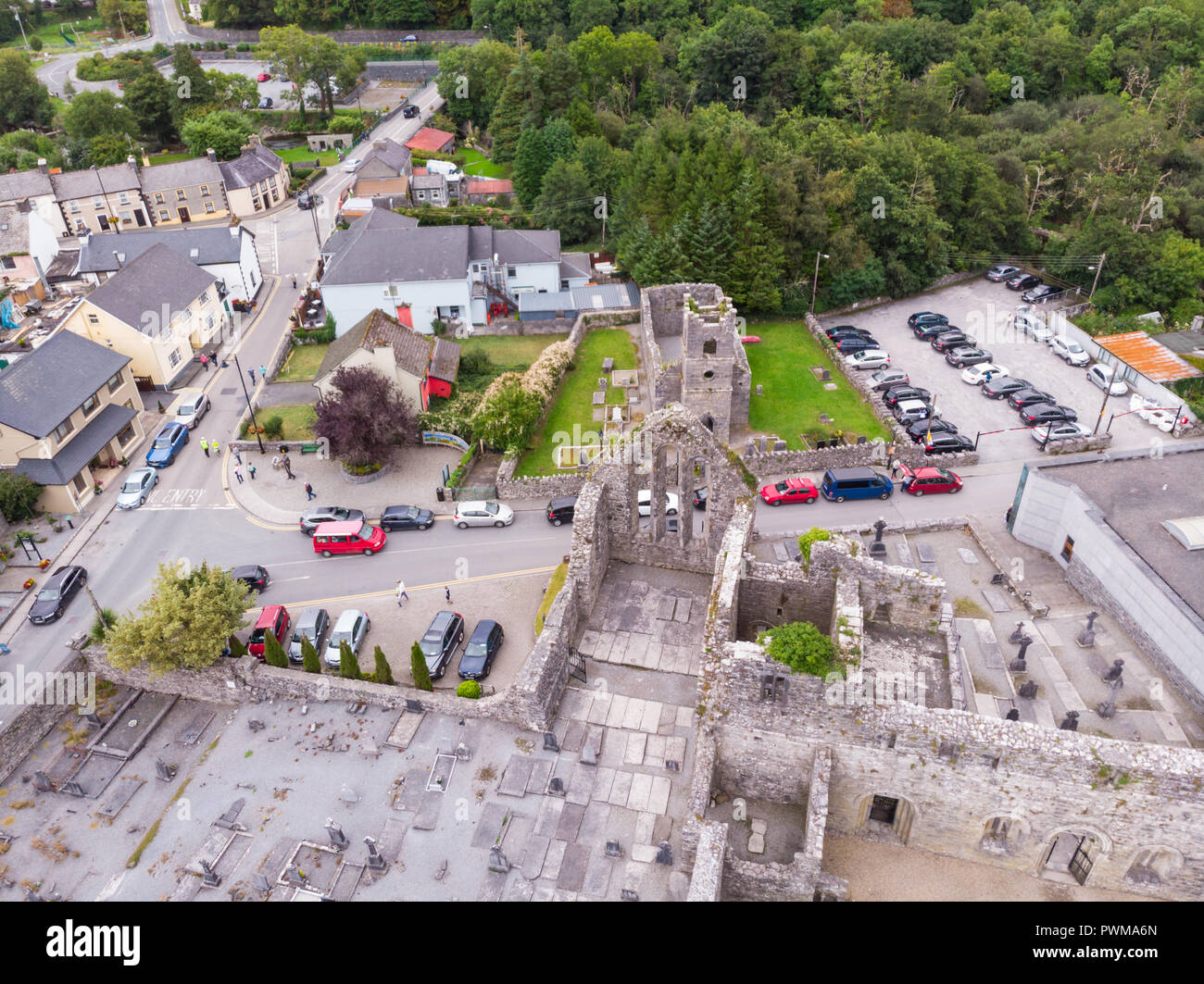 An aerial view of Cong Abbey in the village of Cong, straddling the ...
