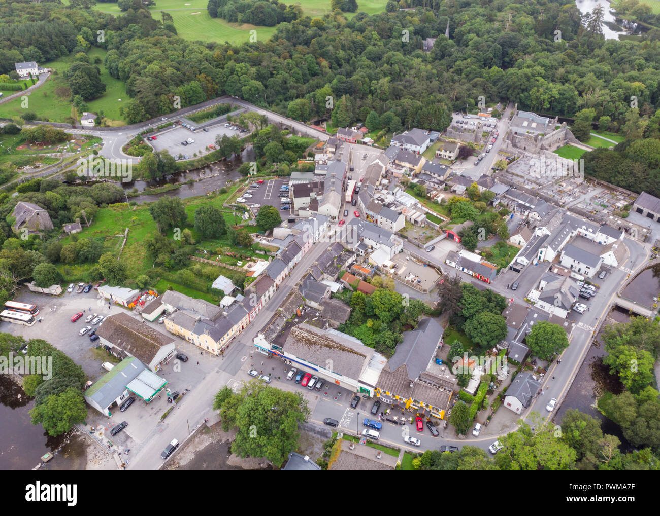 An aerial view of the village of Cong, straddling the County Galway and ...