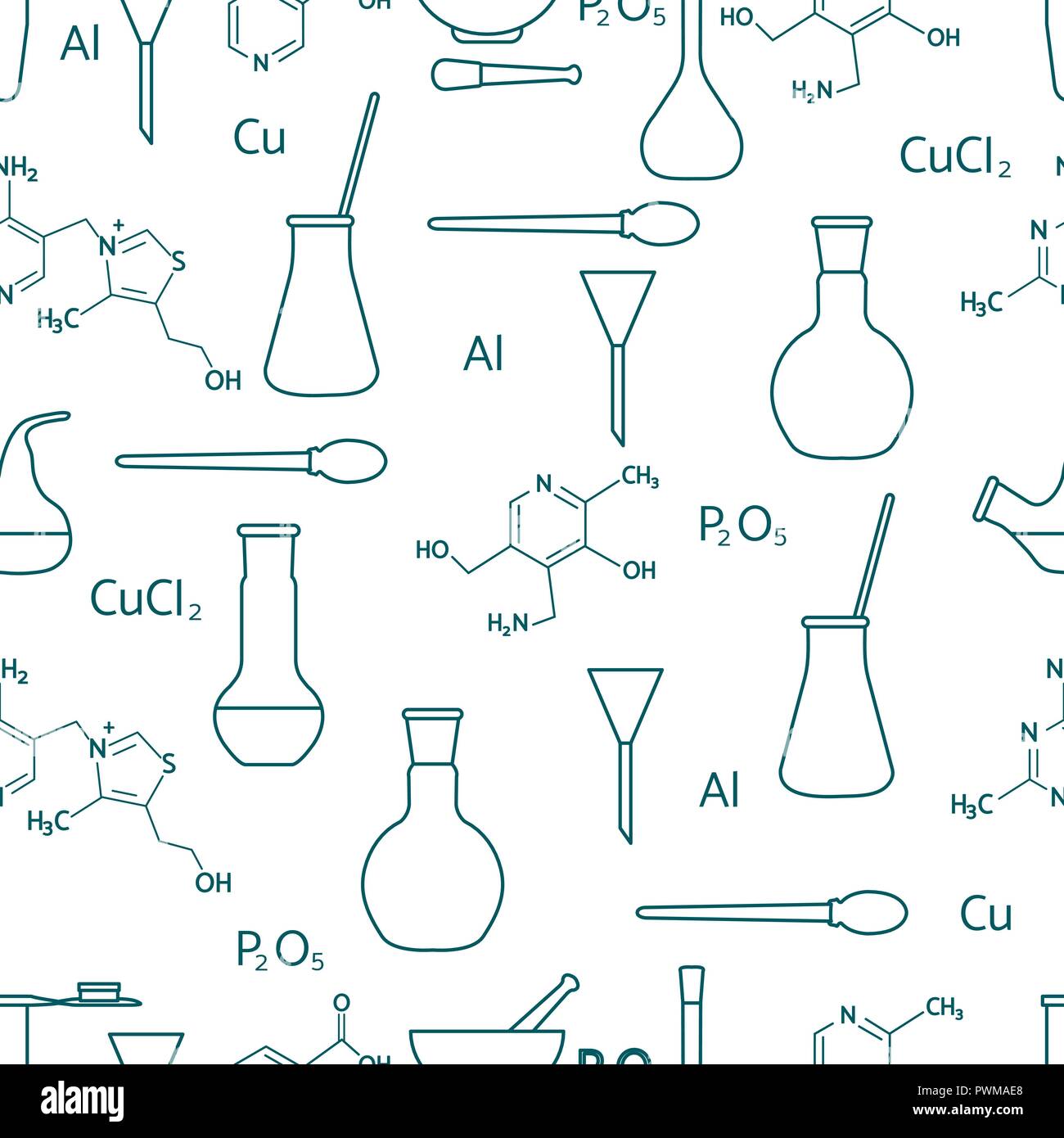 Scientific vector seamless pattern with flasks, test tubes, beakers ...
