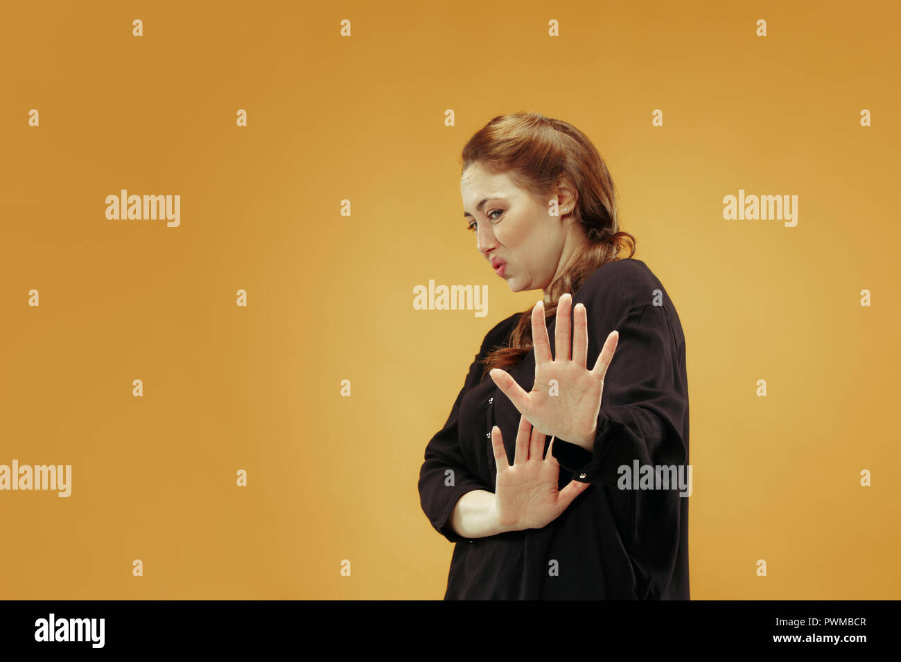 Reject, rejection, doubt concept. Doubtful woman with thoughtful ...