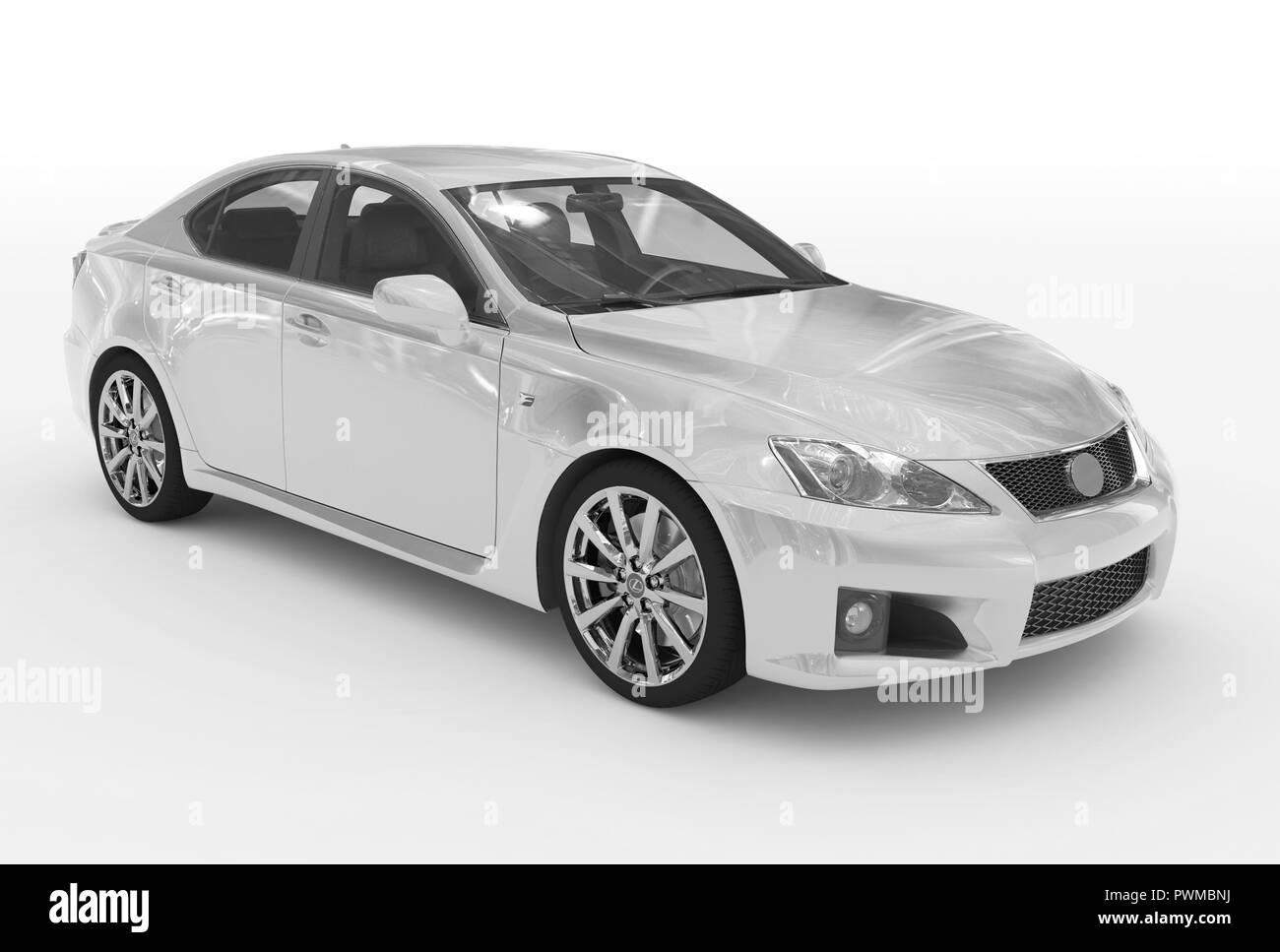 car isolated on white - white paint, transparent glass - front-right ...