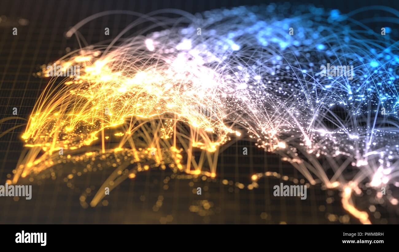 glowing city and human population density areas with bouncy line ...