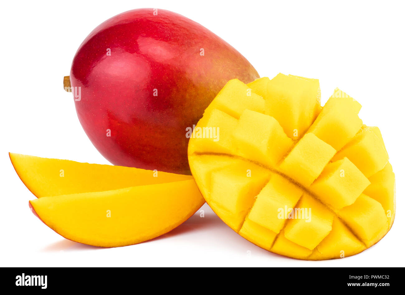 Mango fruit with mango cubes and slices. Isolated on a white background ...