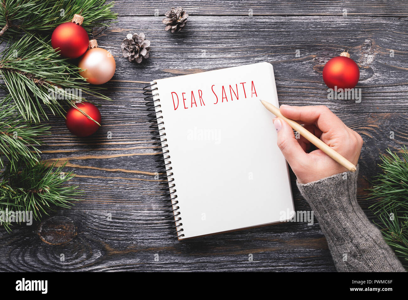 Mockup with white paper notebook and Christmas decorations on wooden ...