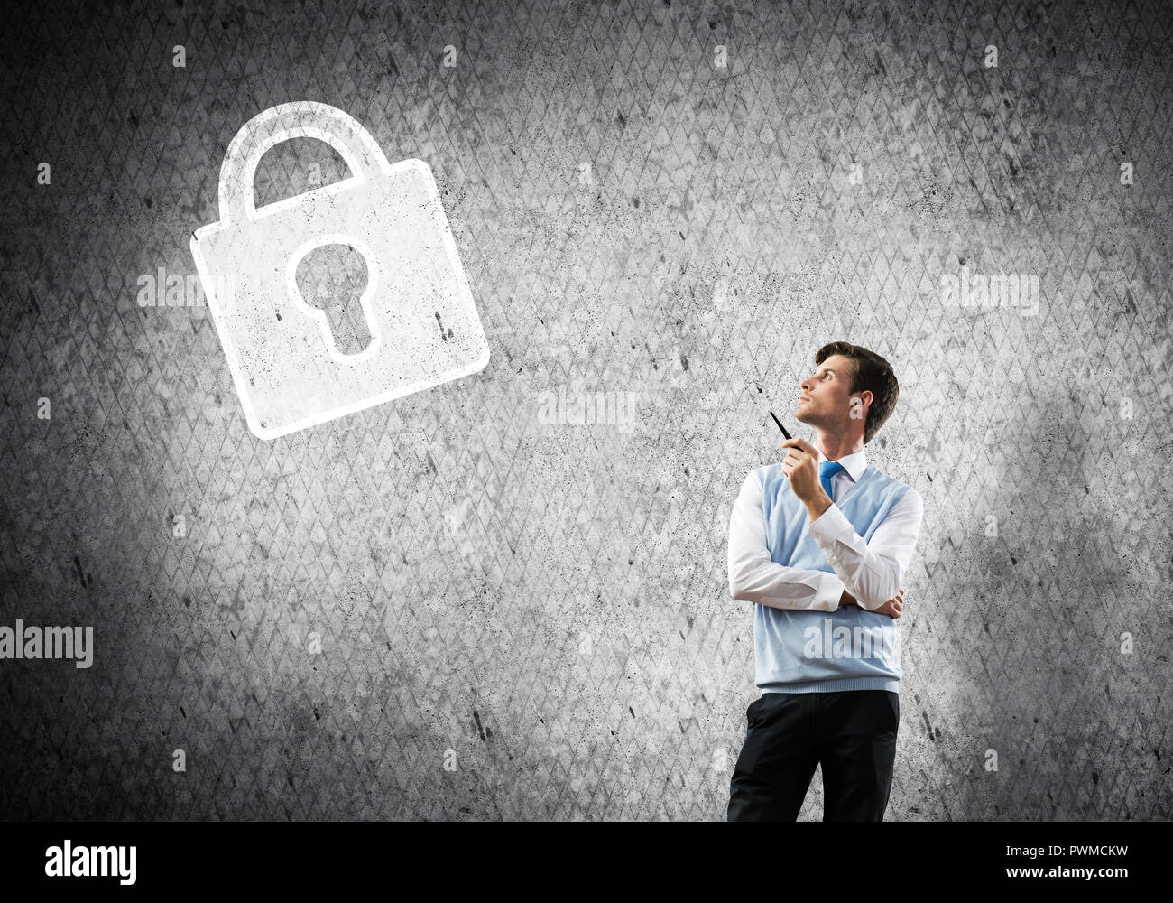 Elegant banker wearing red tie and lock sign as safety concept Stock ...