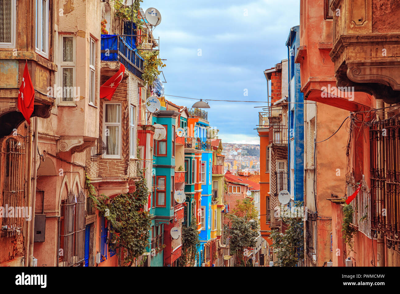 ISTANBUL, TURKEY - September 27, 2018. Colorful houses of the Balat ...