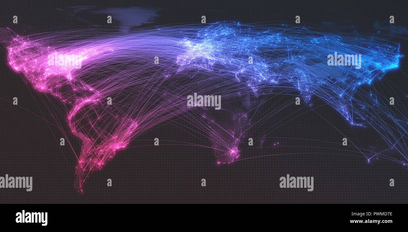 glowing city and human population density areas with bouncy line ...