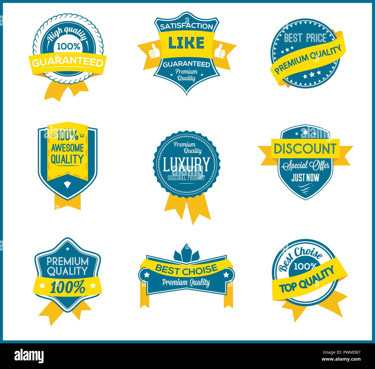 Blue and yellow marketing labels (set of 9) vector illustration Stock ...
