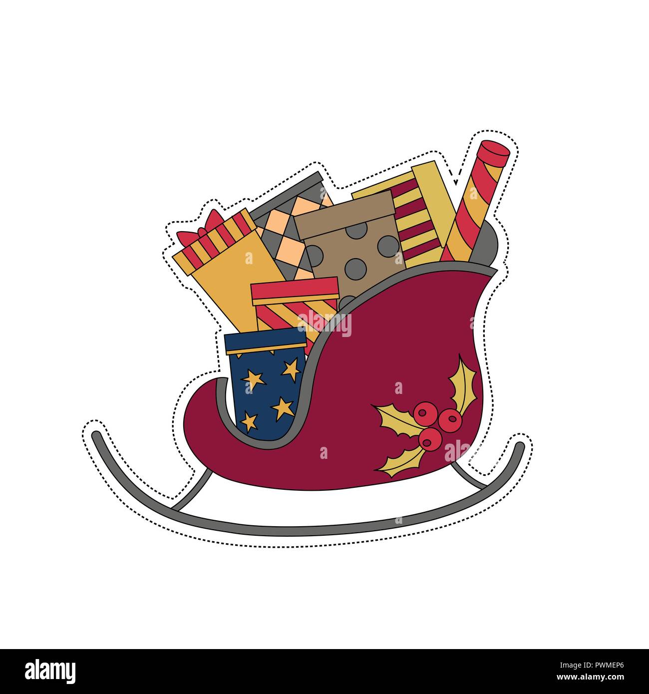 Christmas sleigh with gift box. Sticker for the New Year. Vector ...