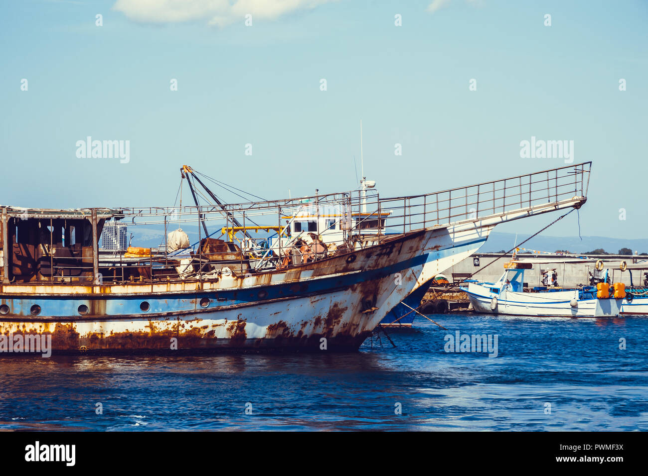 rusty ship in moored port, background image, old age concept Stock ...
