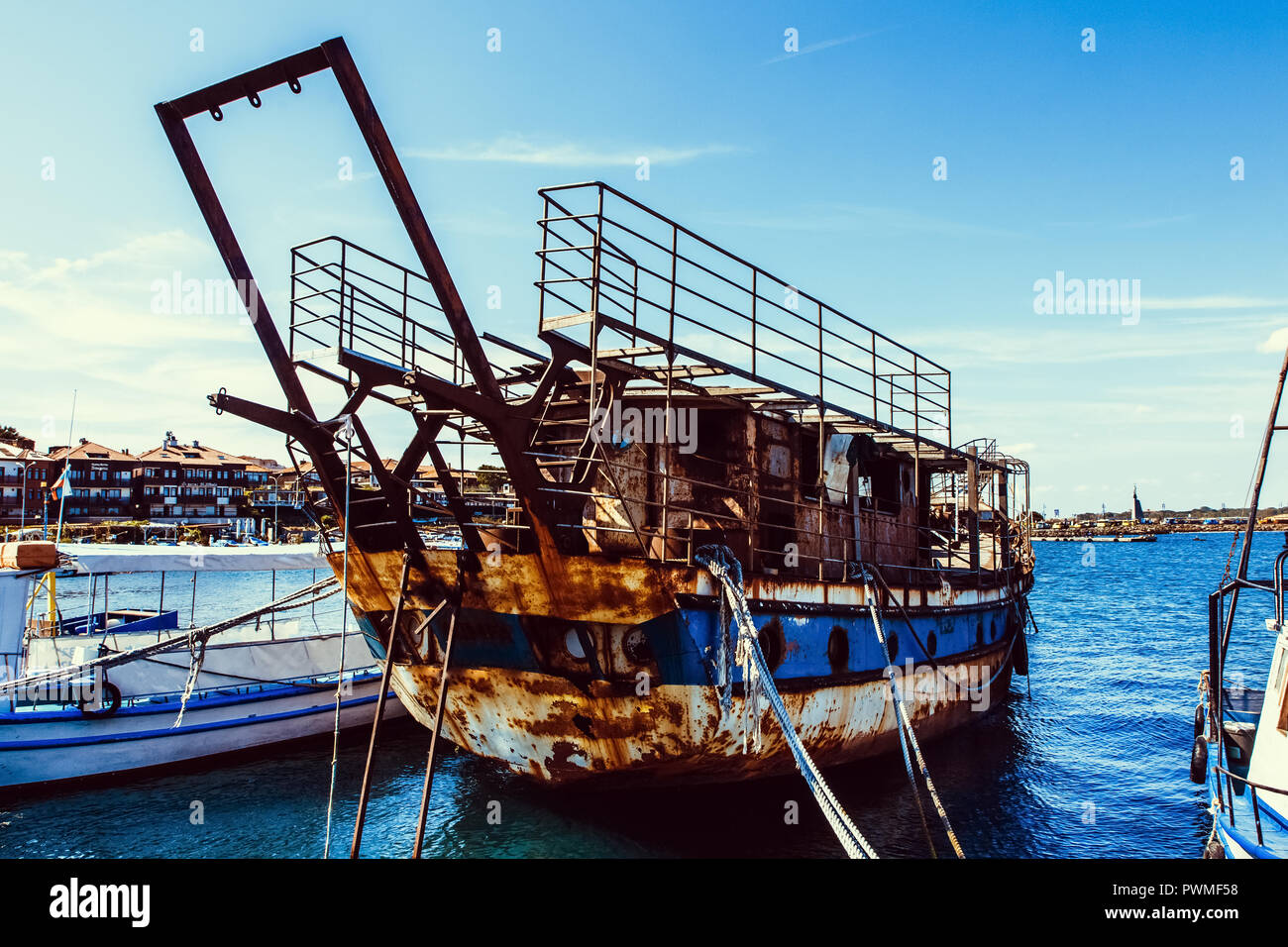 rusty ship in moored port, background image, old age concept Stock ...