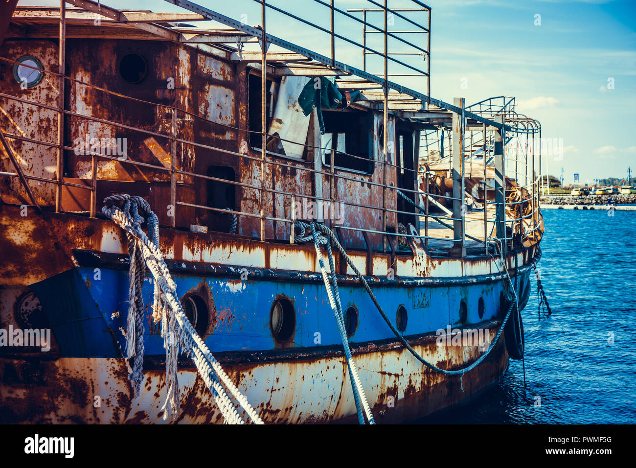 rusty ship in moored port, background image, old age concept Stock ...