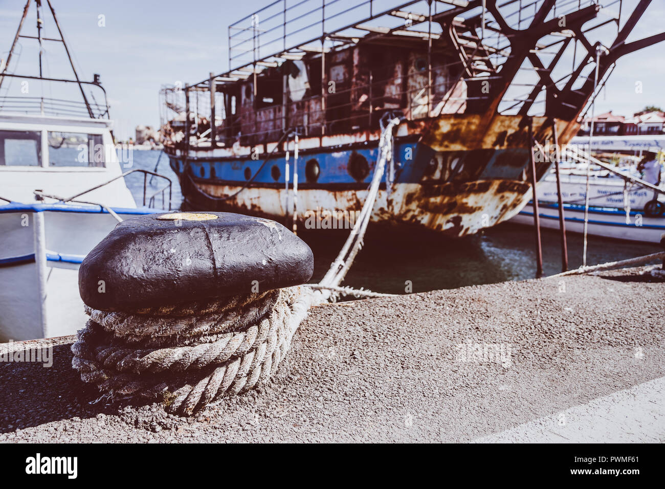 rusty ship in moored port, background image, old age concept Stock ...