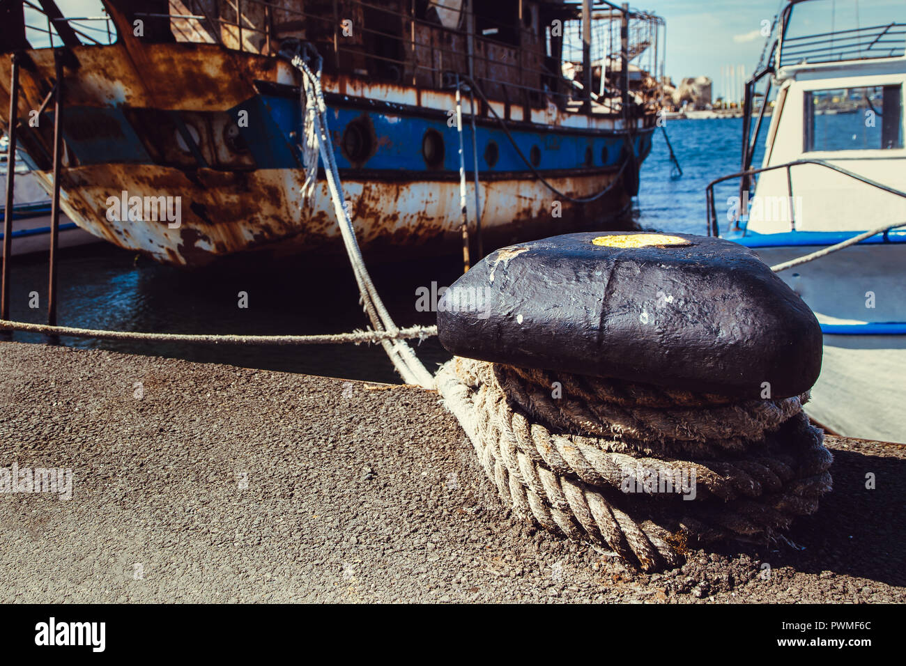 rusty ship in moored port, background image, old age concept Stock ...