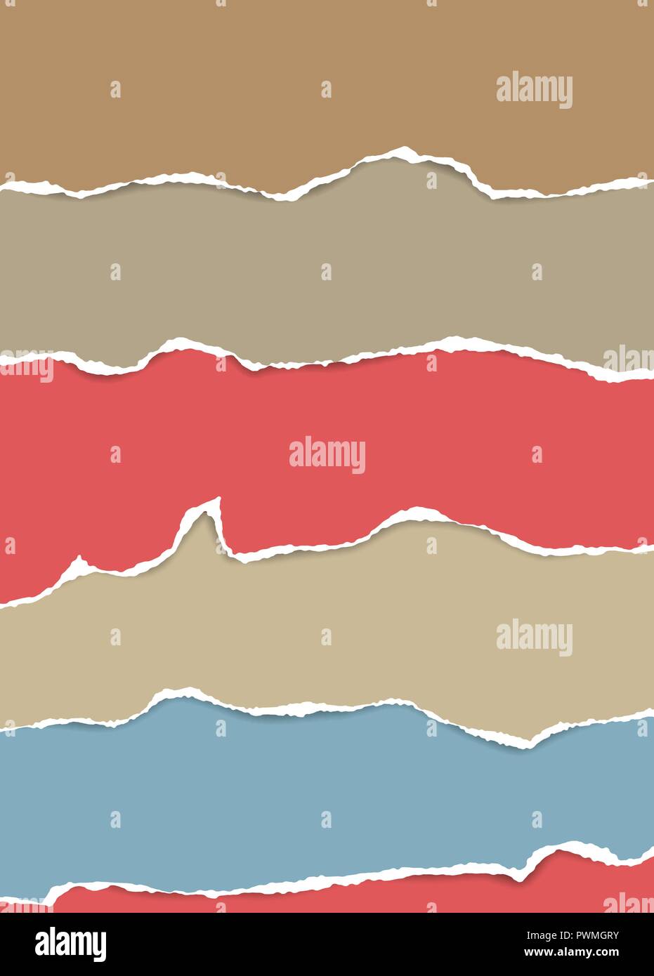 Set of red, brown and blue horizontal ripped paper strips, torn note ...