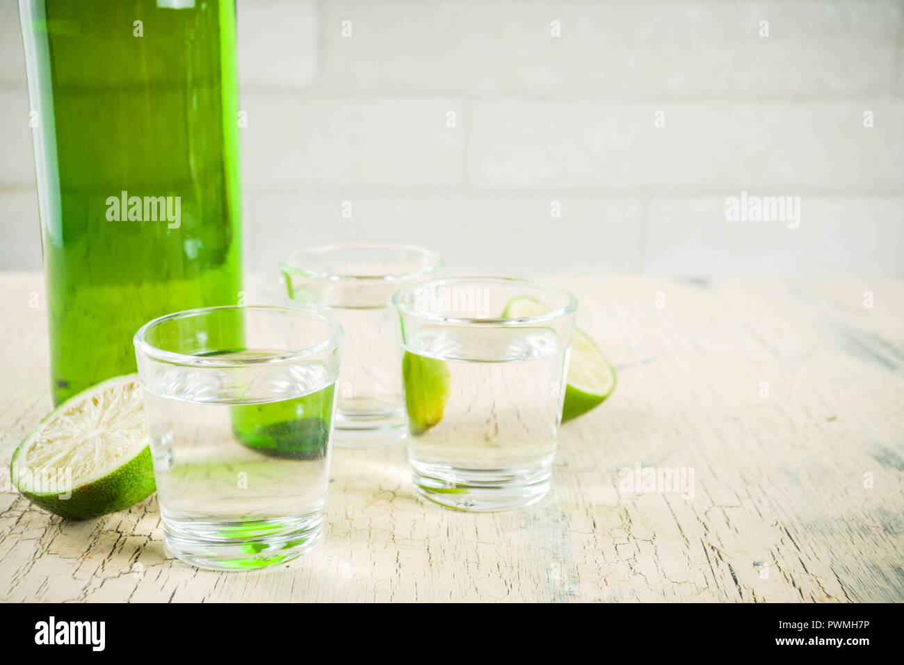 Traditional korean alcohol drink soju on light concrete background copy ...