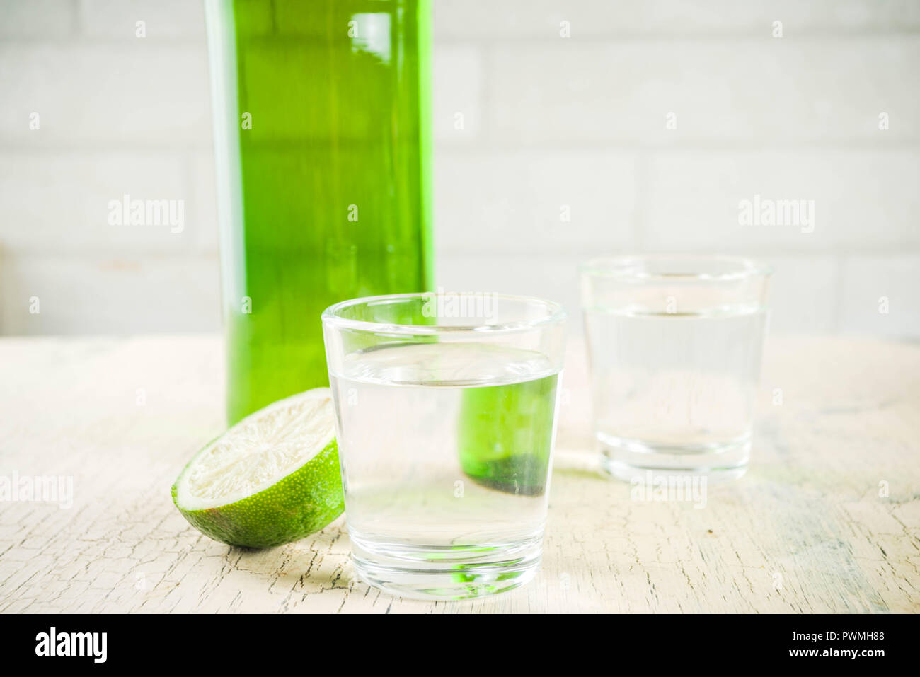 Traditional korean alcohol drink soju on light concrete background copy ...