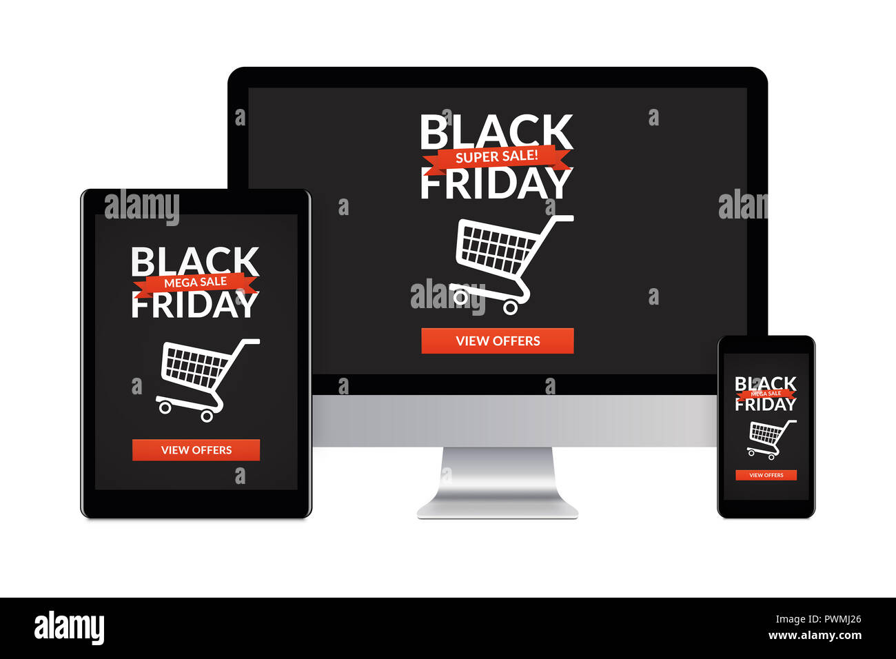 Desktop computer, tablet and smartphone isolated on white with black ...