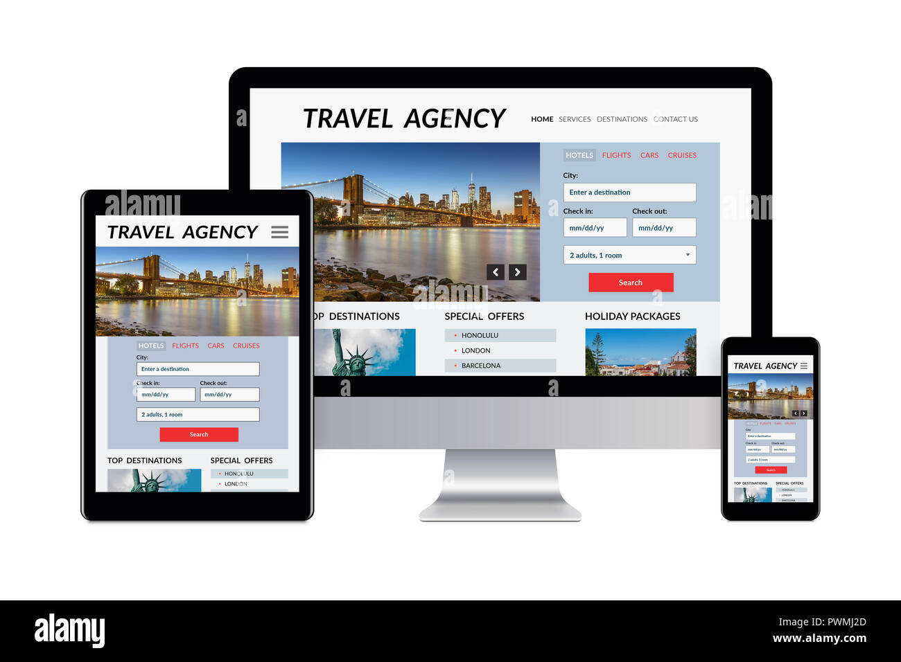 Desktop computer, tablet and smartphone isolated on white with travel ...