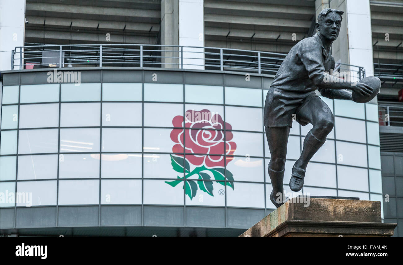 A statue of a rugby player on the gates at Twickenham Stadium, home of ...