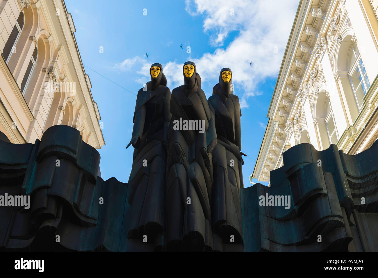 Vilnius Three Muses, view of the Three Muses statue sited above the ...