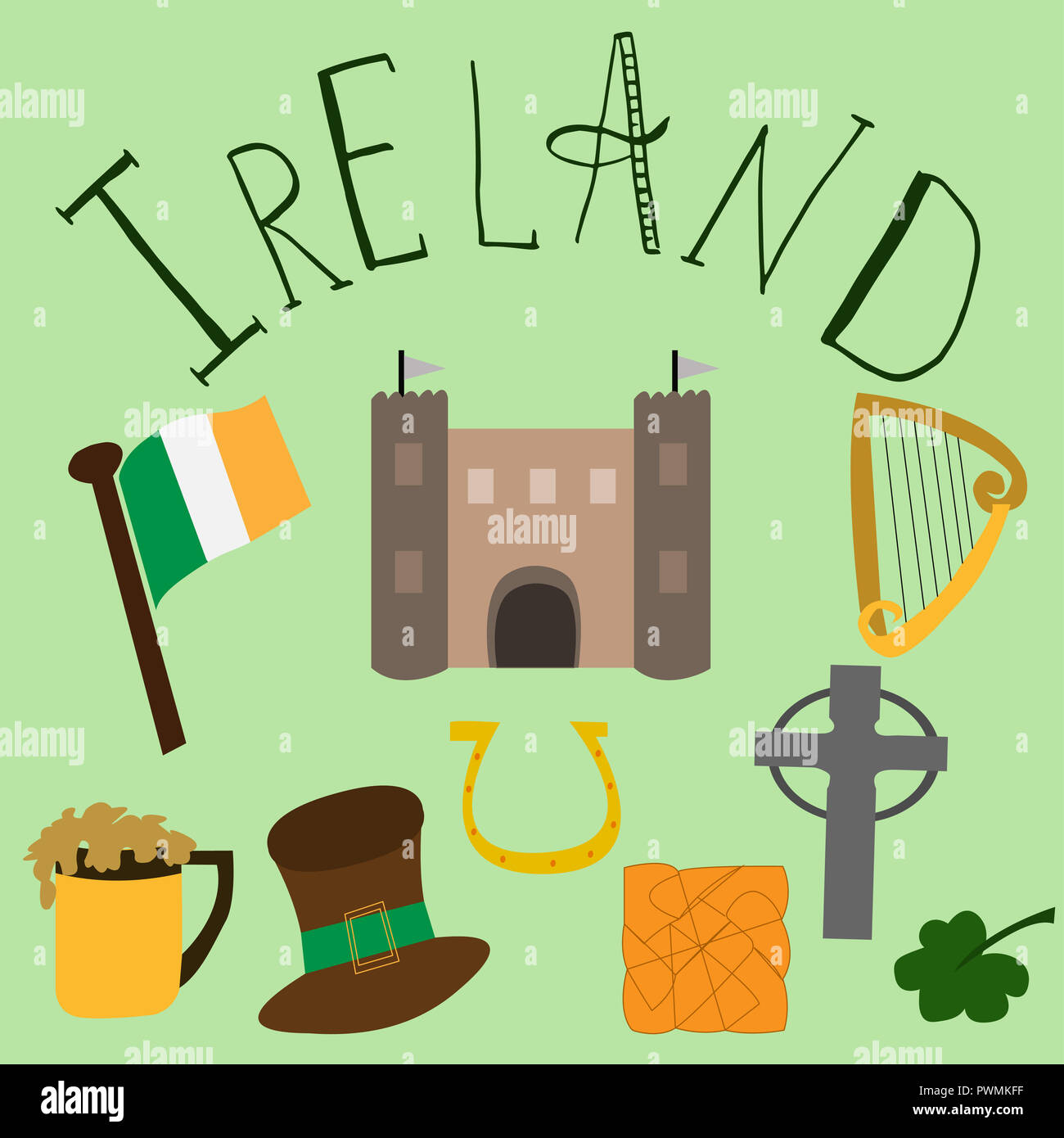 Set of Hand Drawn Irish Elements and letering. Vector Illustration ...