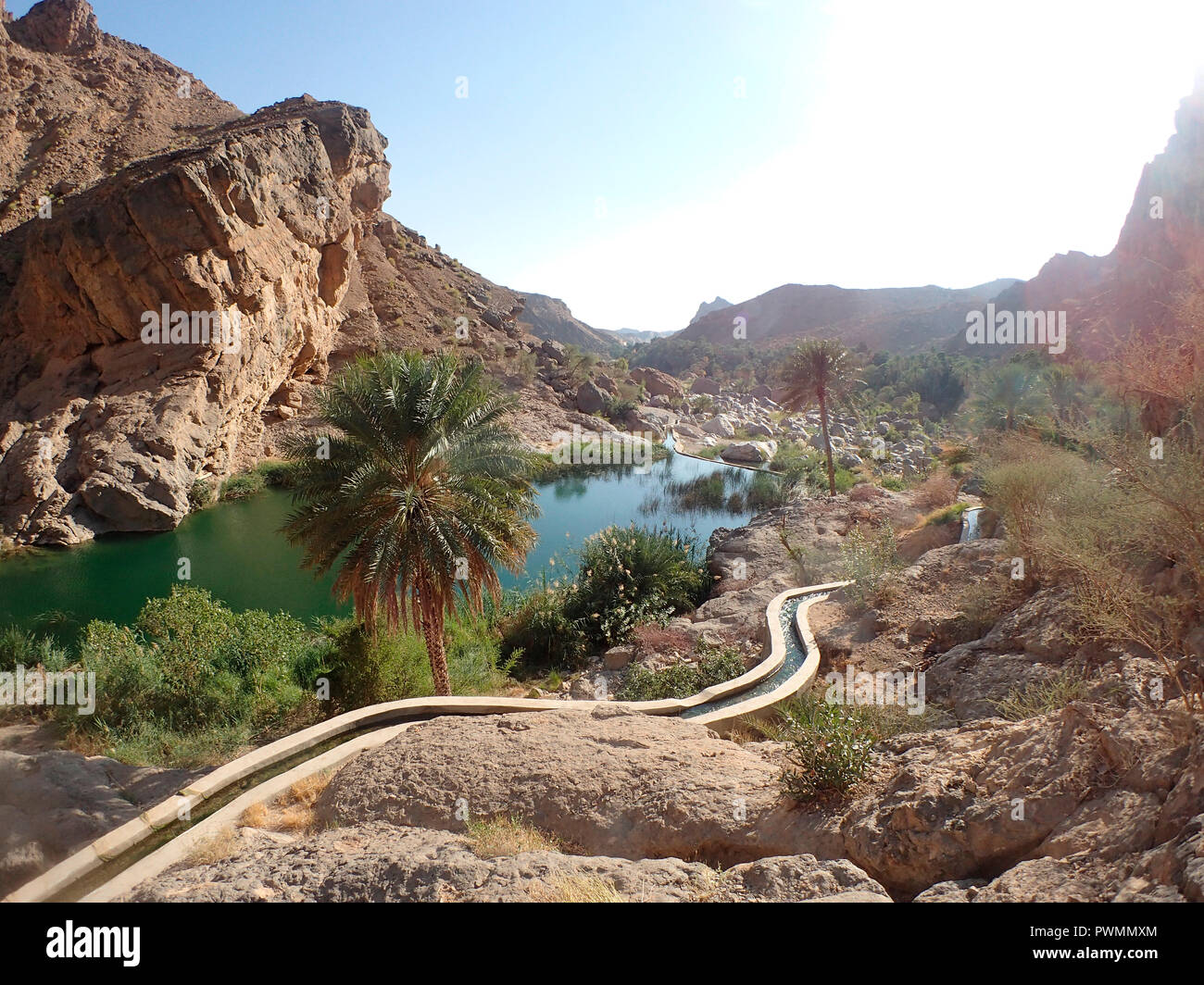 OMAN, wadi bani khalid, a water canal called Falaj in a palm grove ...