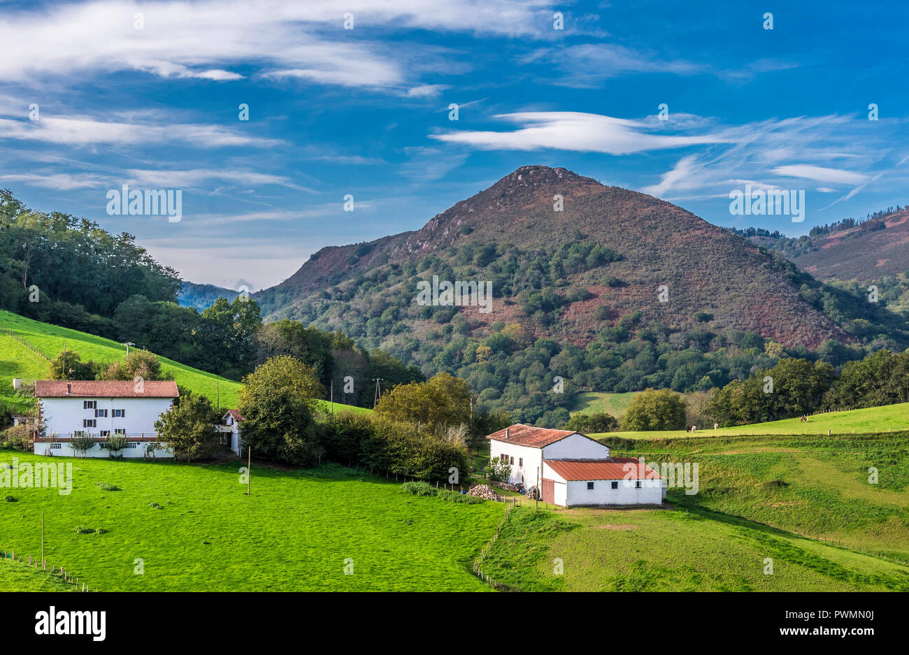 Spain, Basque Country, Navarre, farmhouses in the pastures of Urdax ...