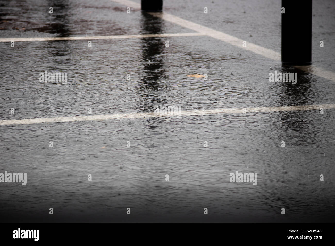 Heavy rain with localised flooding in supermarket car park Stock Photo ...
