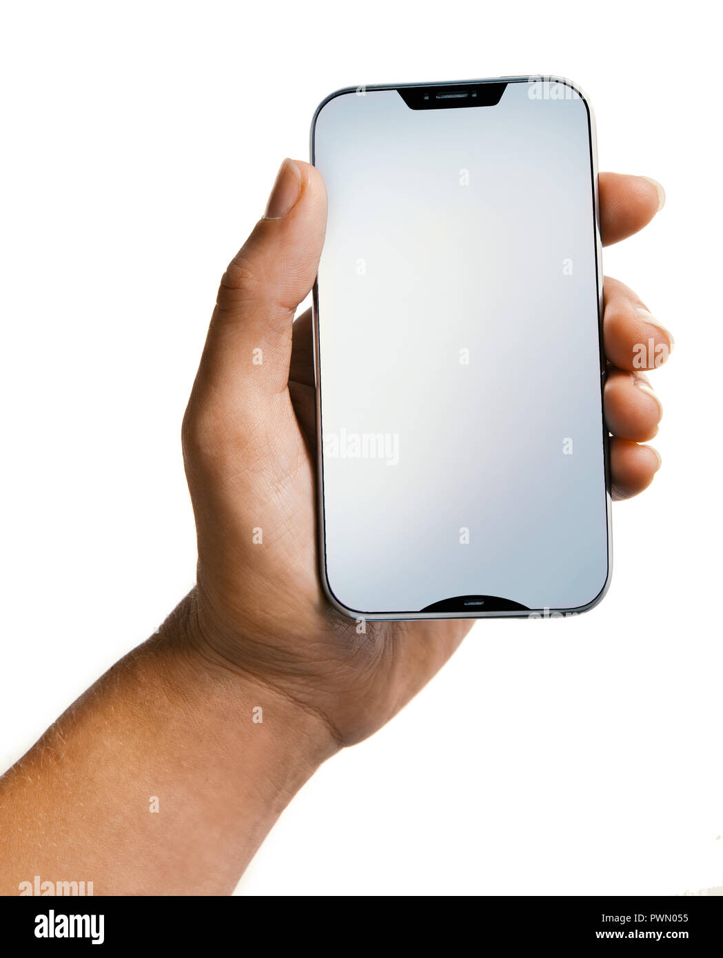 A hand holding a mobile phone without content on screen Stock Photo - Alamy