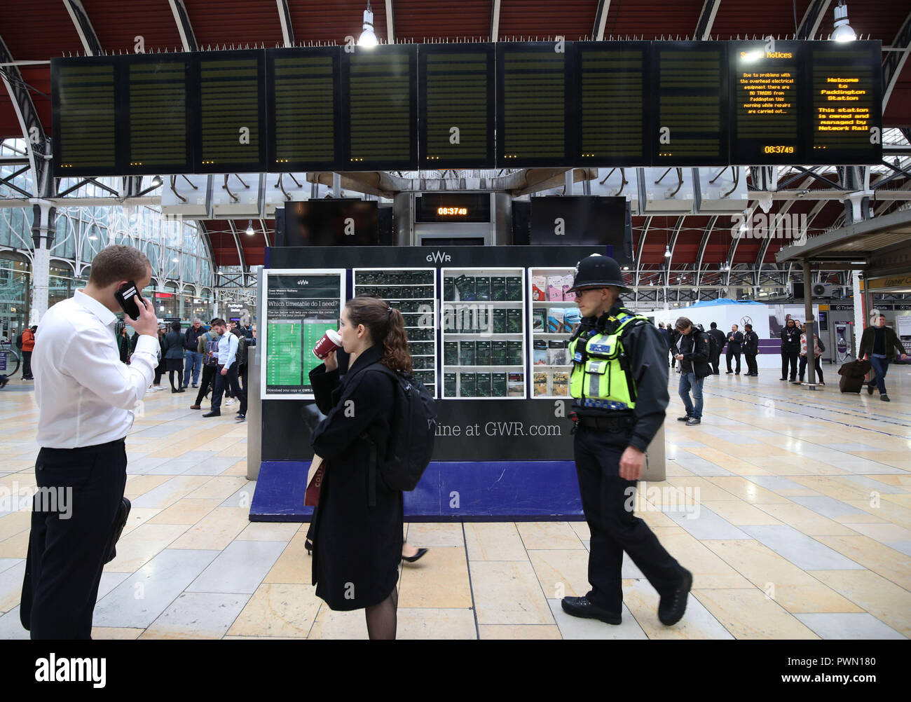 An empty departure board at Paddington Station, London as trains are ...